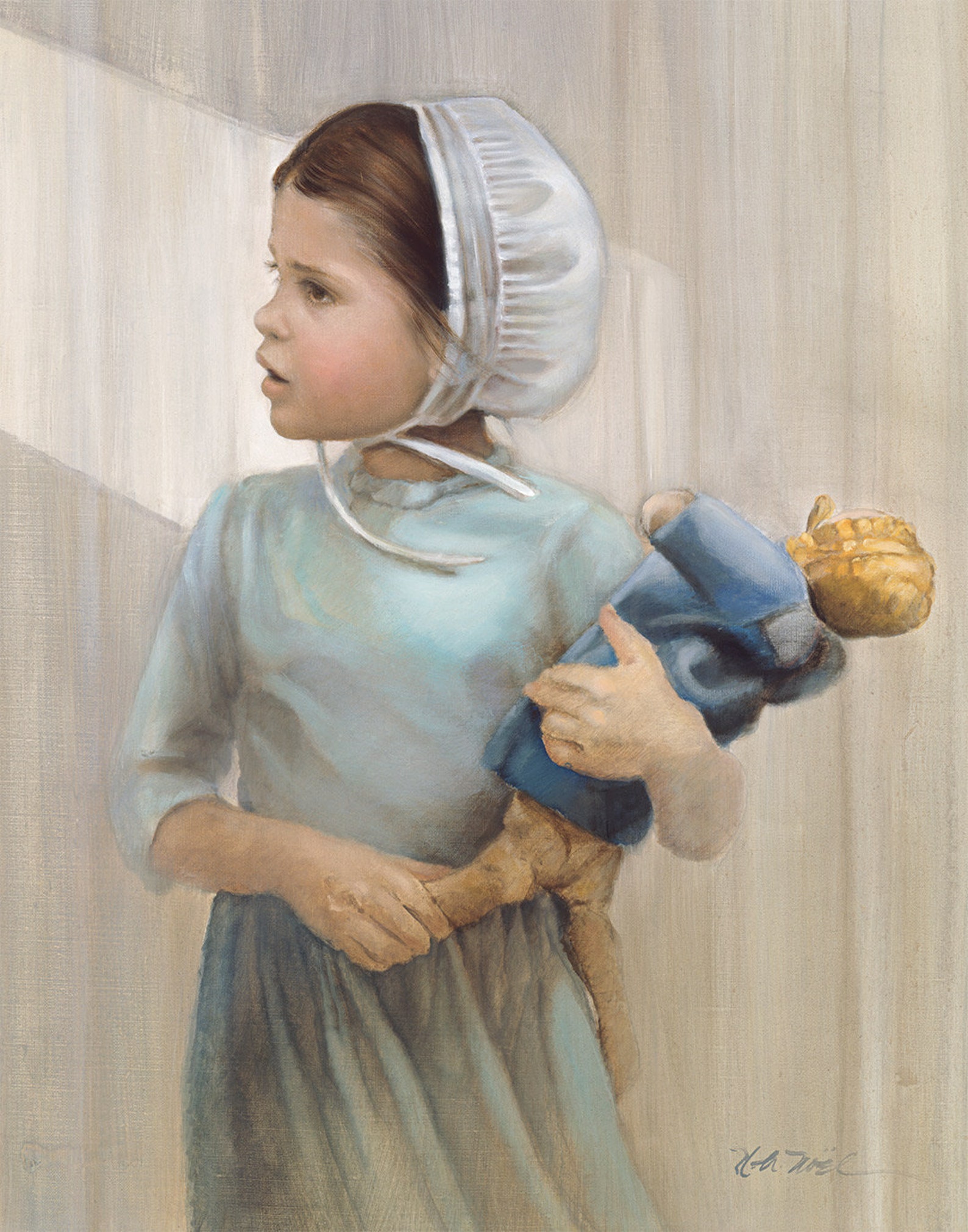 Emma With Doll - Oil Painting, Nancy Noel Art Print, Amish Art, Paper ...