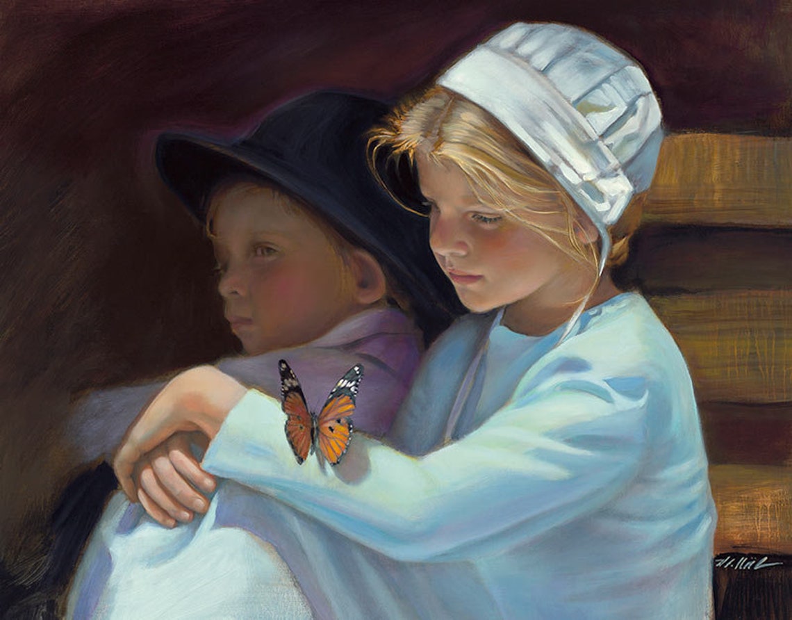 Amish Children With a Butterfly Oil Painting, Vintage Nancy Noel Art ...