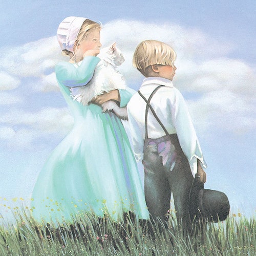 Amish Girl Holding Kitten Oil Painting Vintage Nancy Noel - Etsy