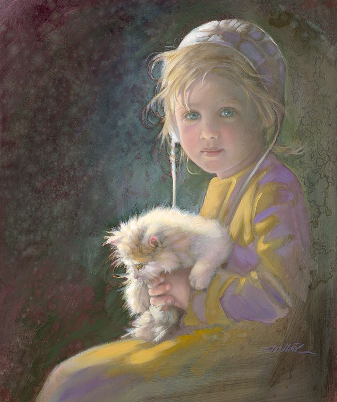 Amish Girl Holding Kitten, Oil Painting, Vintage Nancy Noel Art Print ...