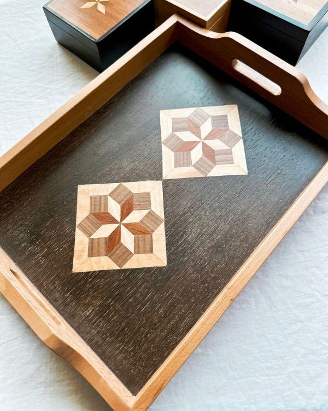 Rectangular Wooden Tray | Natural Wood | Geometric Star Inlay | Table ...