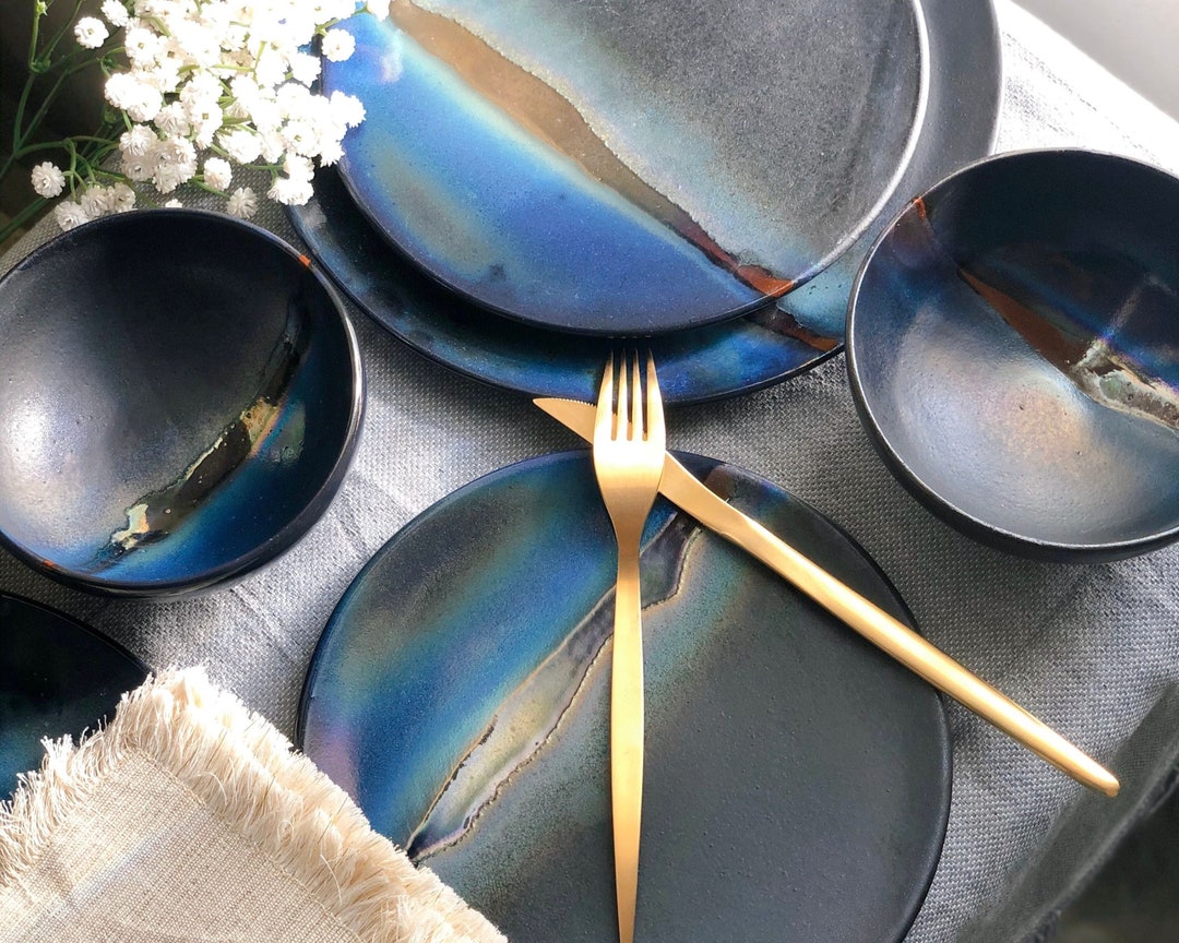 Black & Gold Dinner Set | With Blue Gradient, and Gold Metallic Luster ...