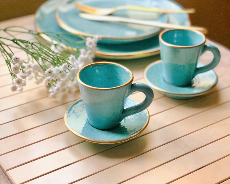 Coffee/Espresso Cup with Gold Rim and Aqua/Cyan/Turquoise | Etsy