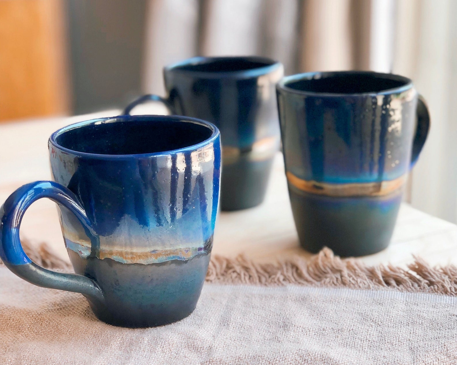 Black Mug With Shades of Blue and Gold Metallic Luster Stripe - Etsy