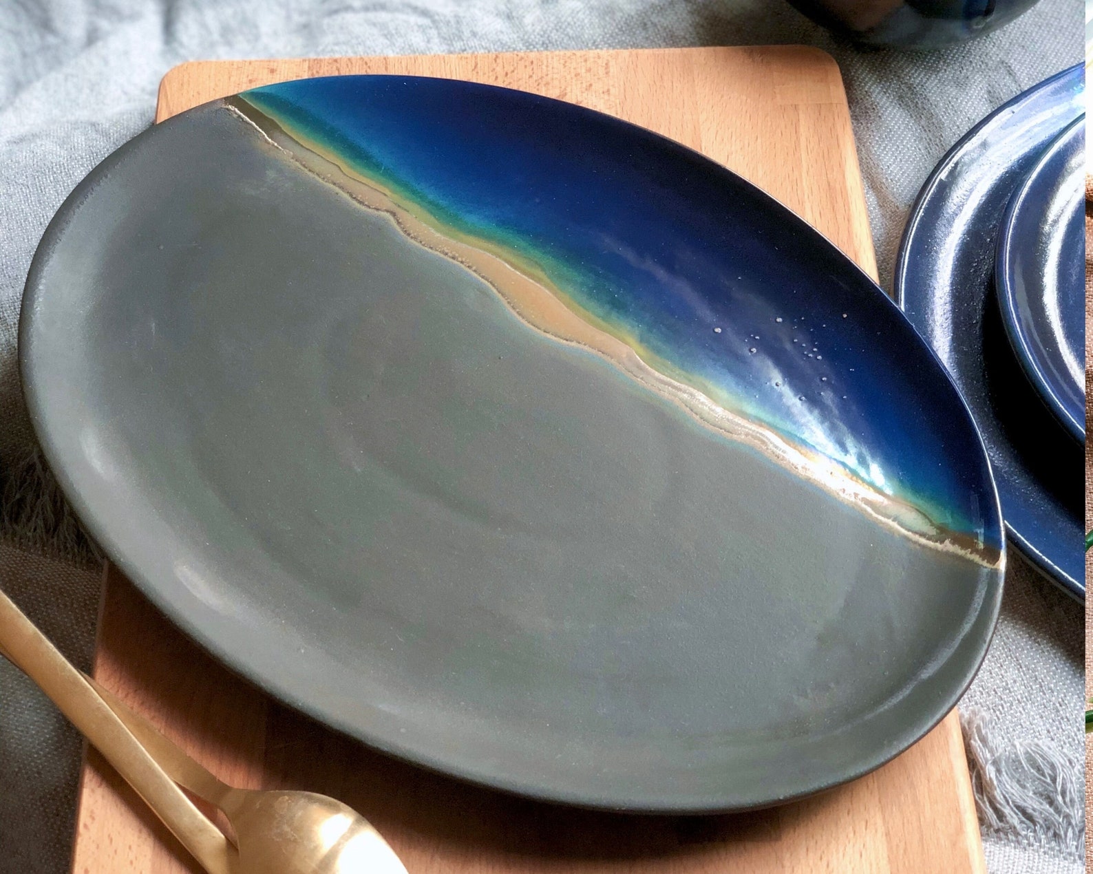 Black Serving Platter With Shades of Blue, and Gold Metallic Luster ...