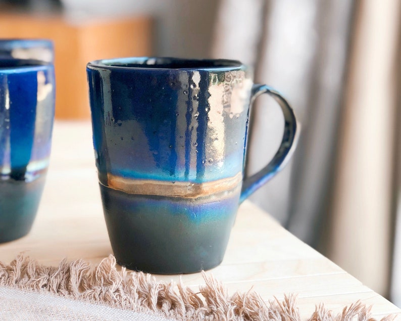 Black Mug With Shades of Blue and Gold Metallic Luster Stripe - Etsy