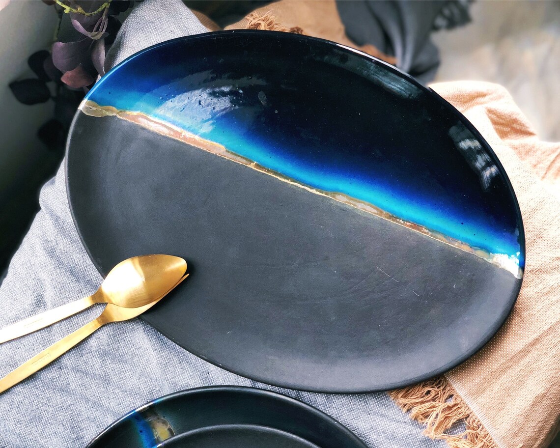 Black Serving Platter With Shades of Blue and Gold Metallic - Etsy