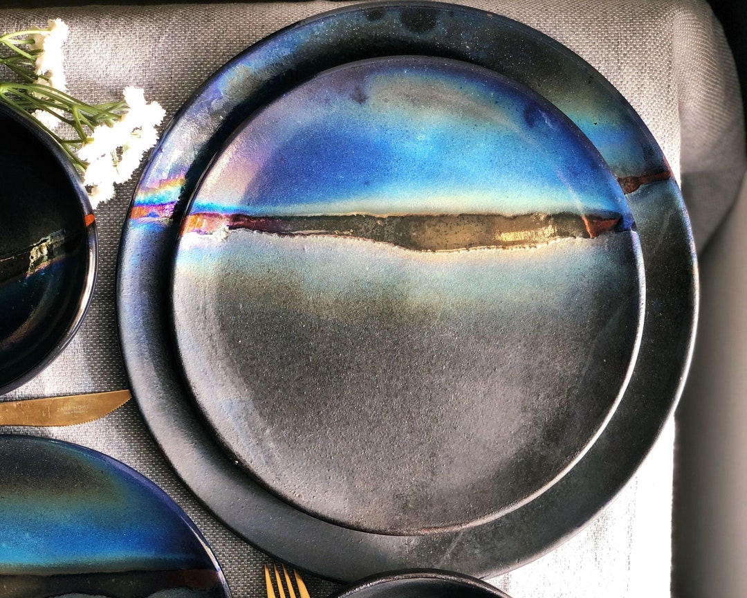 Black Dinner Plate Set With Shades of Blue, and Gold Metallic Luster ...
