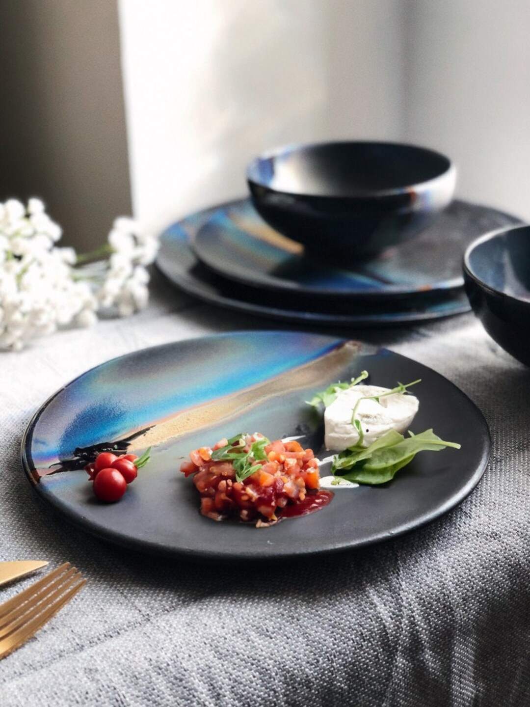 Black Dinner Plate Set With Shades of Blue, and Gold Metallic Luster ...
