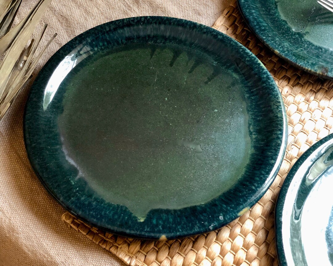 Black & Olive Green Plate Set With Glossy Random Gray - Etsy