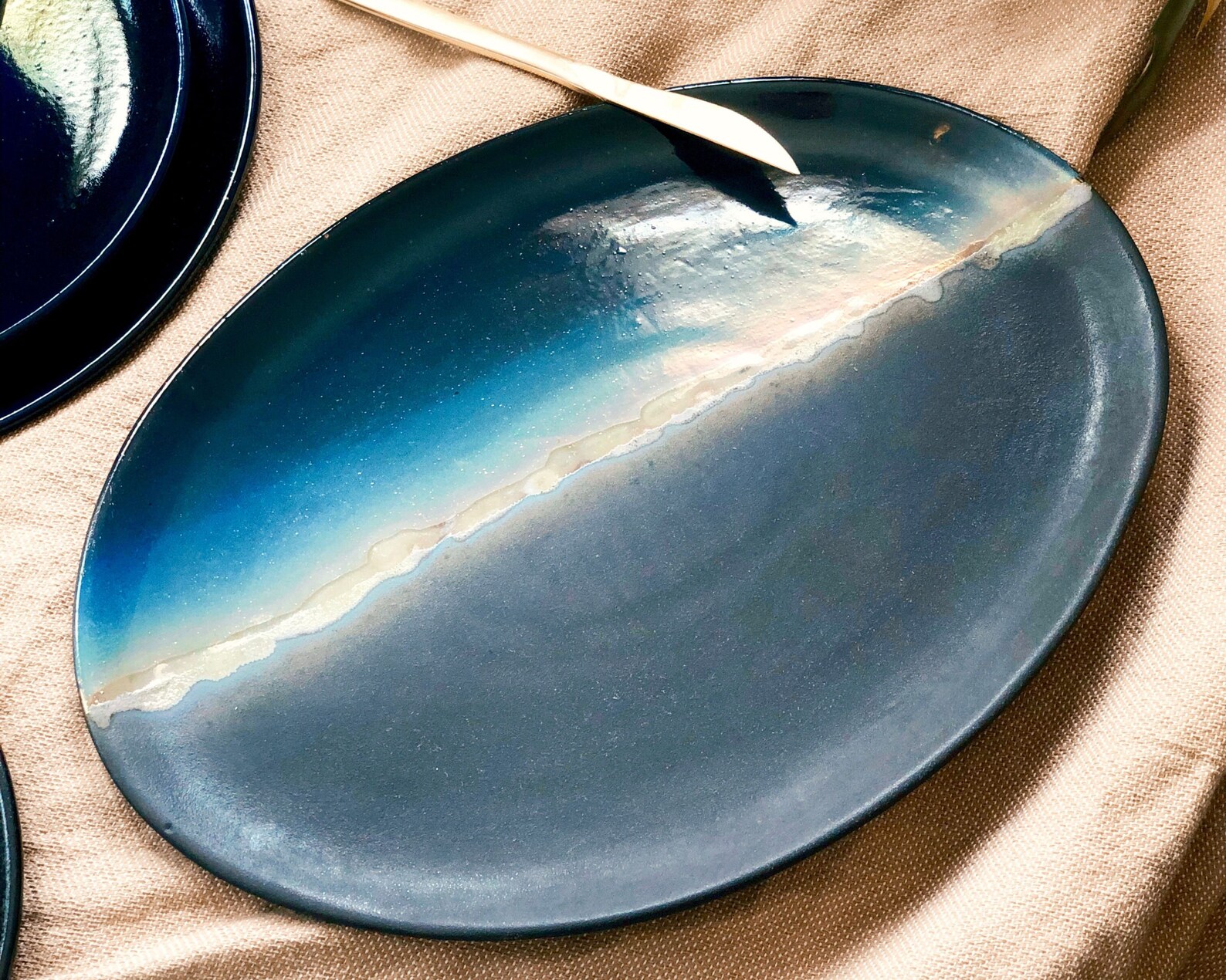 Black Serving Platter With Shades of Blue, and Gold Metallic Luster ...