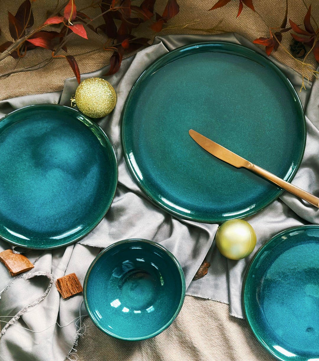 Green-teal Plates & Bowls Dinner Sets With Hints of Turquoise Artisan ...