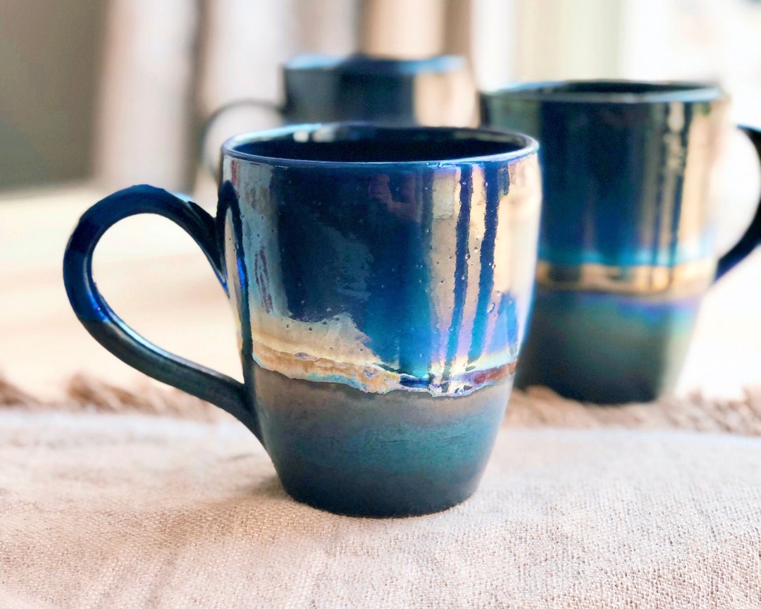 Black Mug With Shades of Blue, and Gold Metallic Luster Stripe Artistic ...