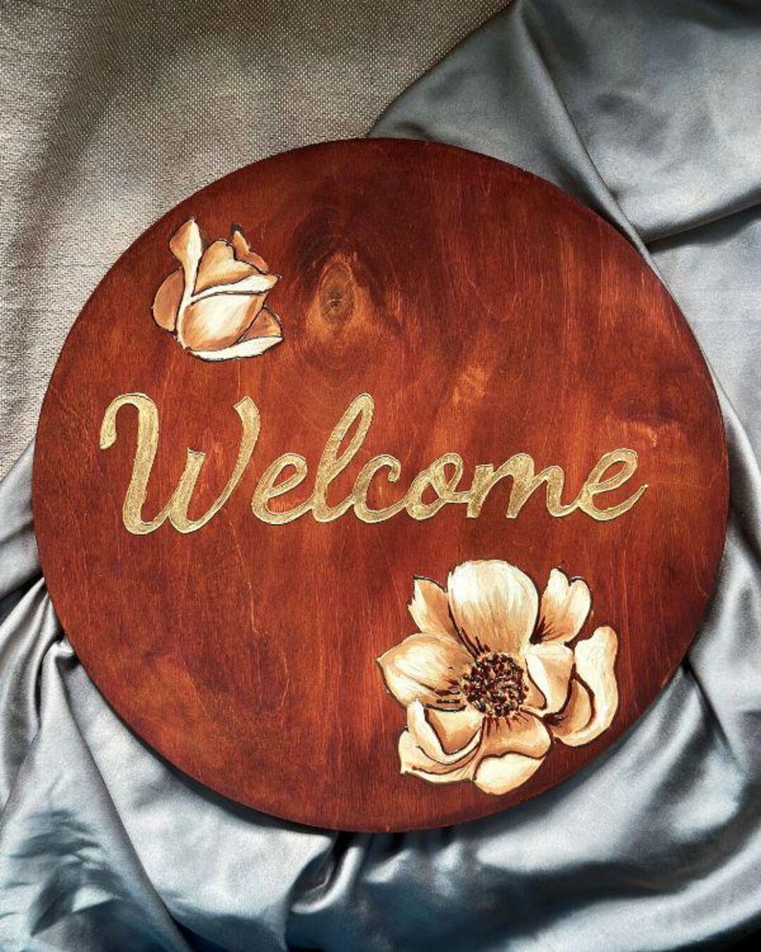 Handcrafted Wooden Welcome Sign Plate With Floral Design Rustic Home ...