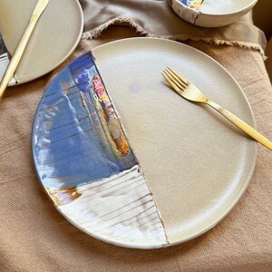 Beige Dinner Set | With Pastel Abstract Art & Metallic Stripe | 3-piece ...
