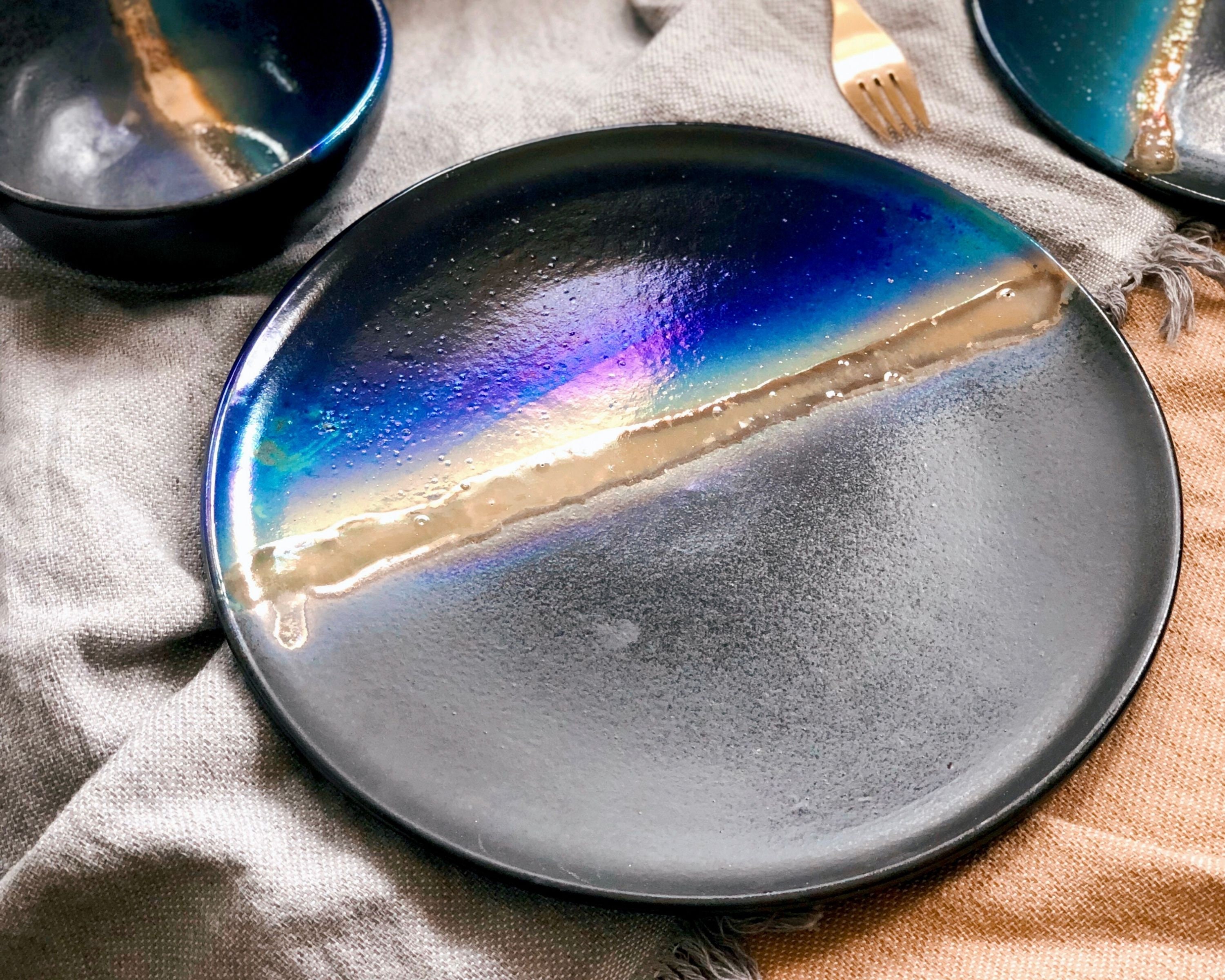 Black Dinner Plate Set With Shades of Blue, and Gold Metallic Luster ...
