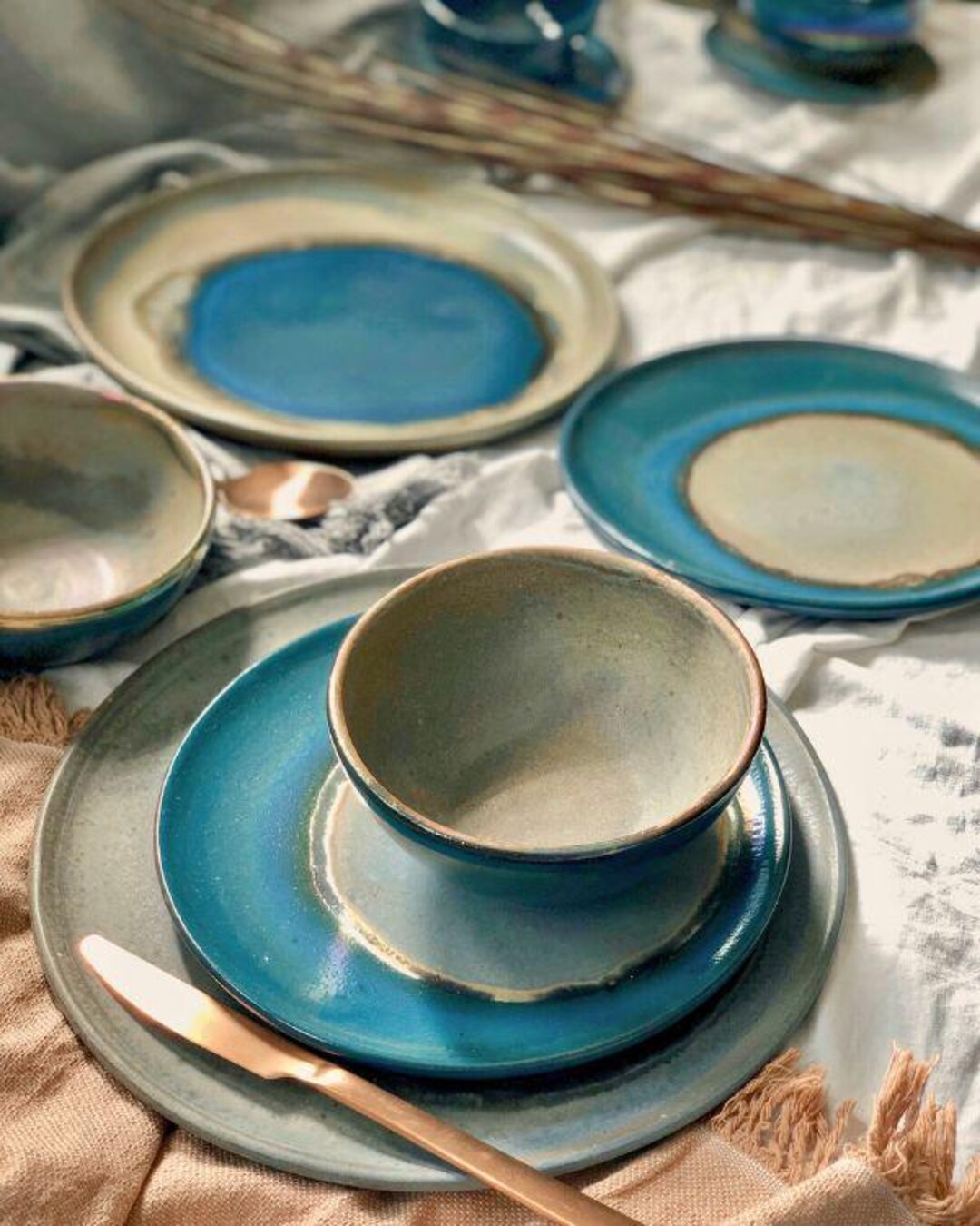 Blue, Green & Gold Plates and Bowls Dinner Set | Glossy, Rustic and ...