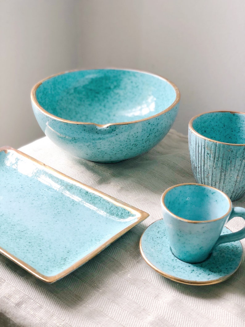 Coffee/Espresso Cup with Gold Rim and Aqua/Cyan/Turquoise | Etsy