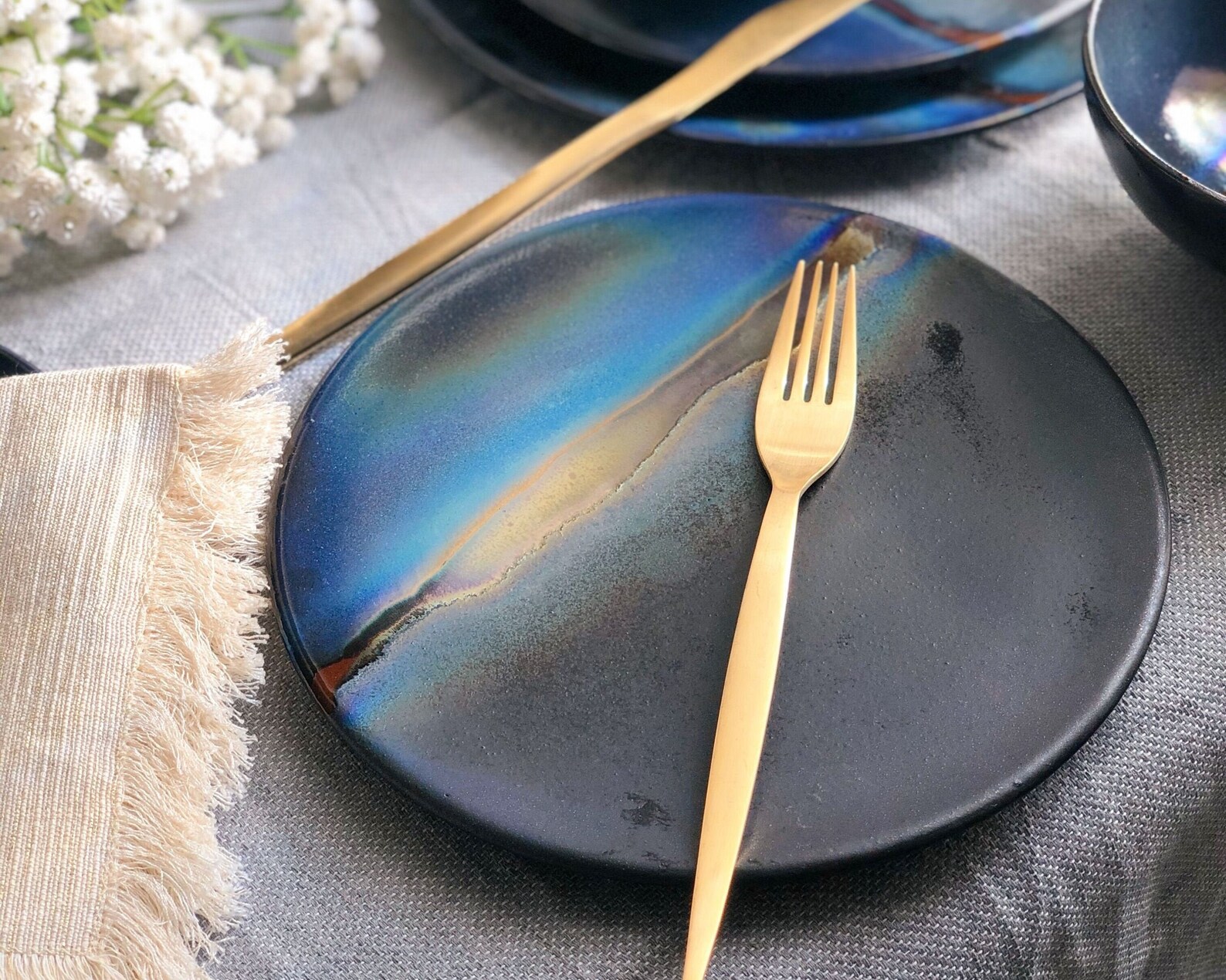 Black Dinner Plate Set With Shades of Blue, and Gold Metallic Luster ...