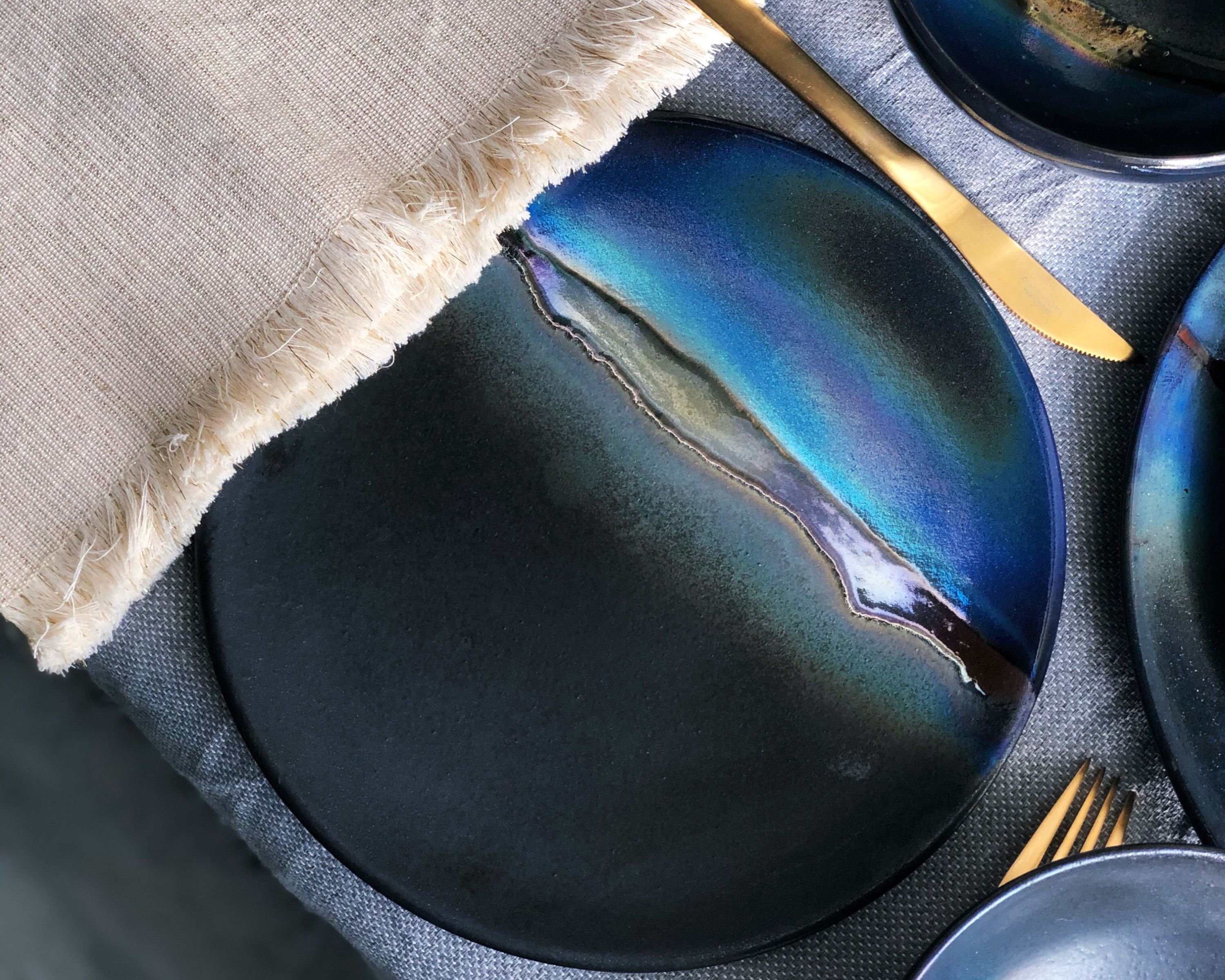 Black Dinner Plate Set With Shades of Blue, and Gold Metallic Luster ...