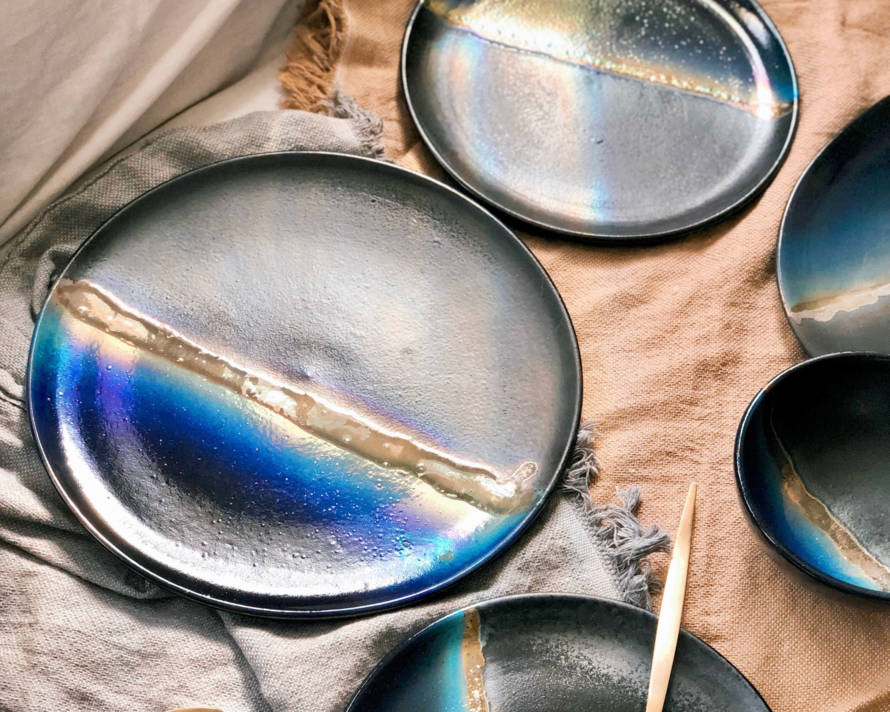 Black Dinner Plate Set With Shades of Blue, and Gold Metallic Luster ...