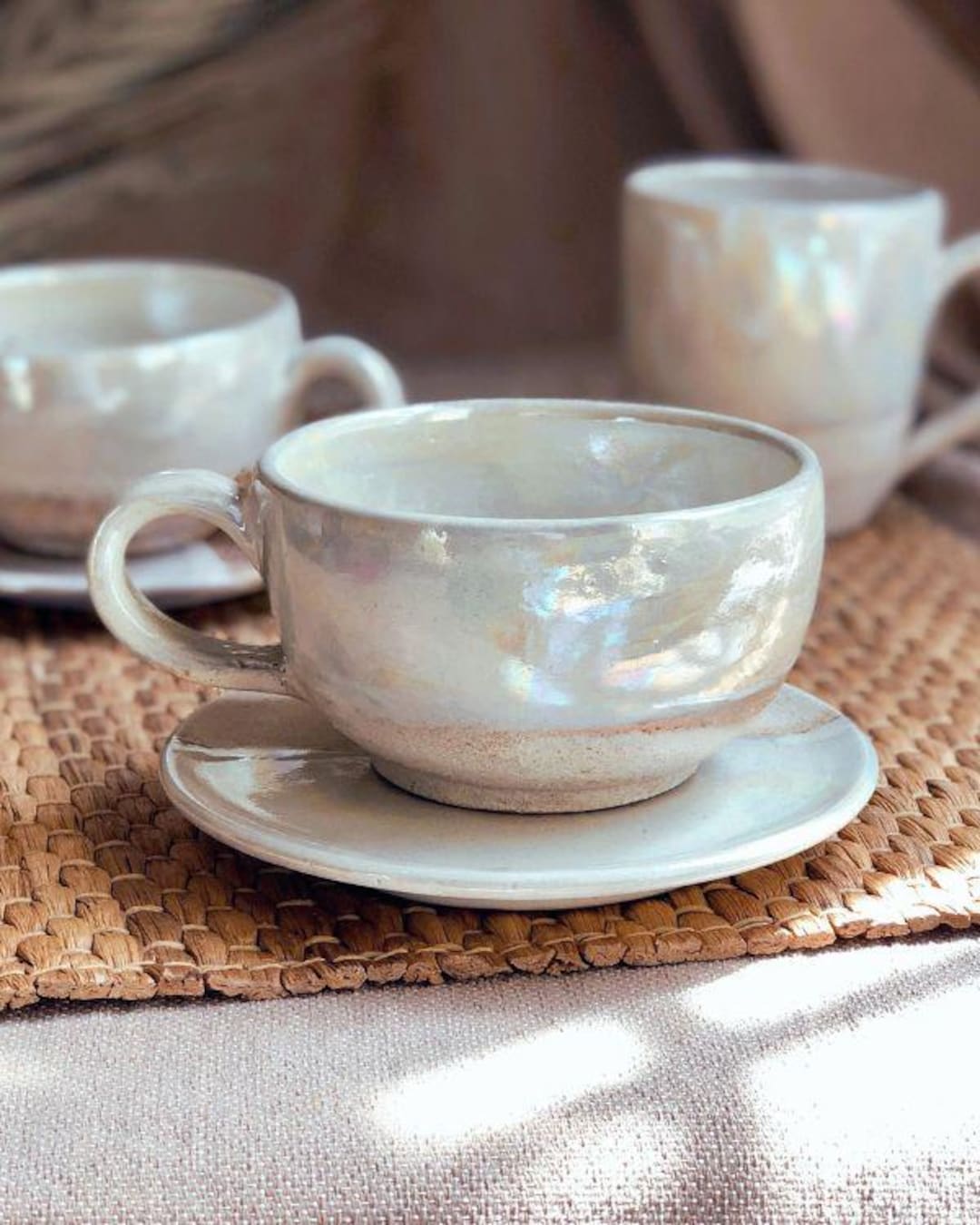 Beige Cup & Saucer Set | Cream, Pearly Iridescent and Rustic Glazing ...