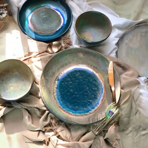 Blue, Green & Gold Plates and Bowls Dinner Set | Glossy, Rustic and ...
