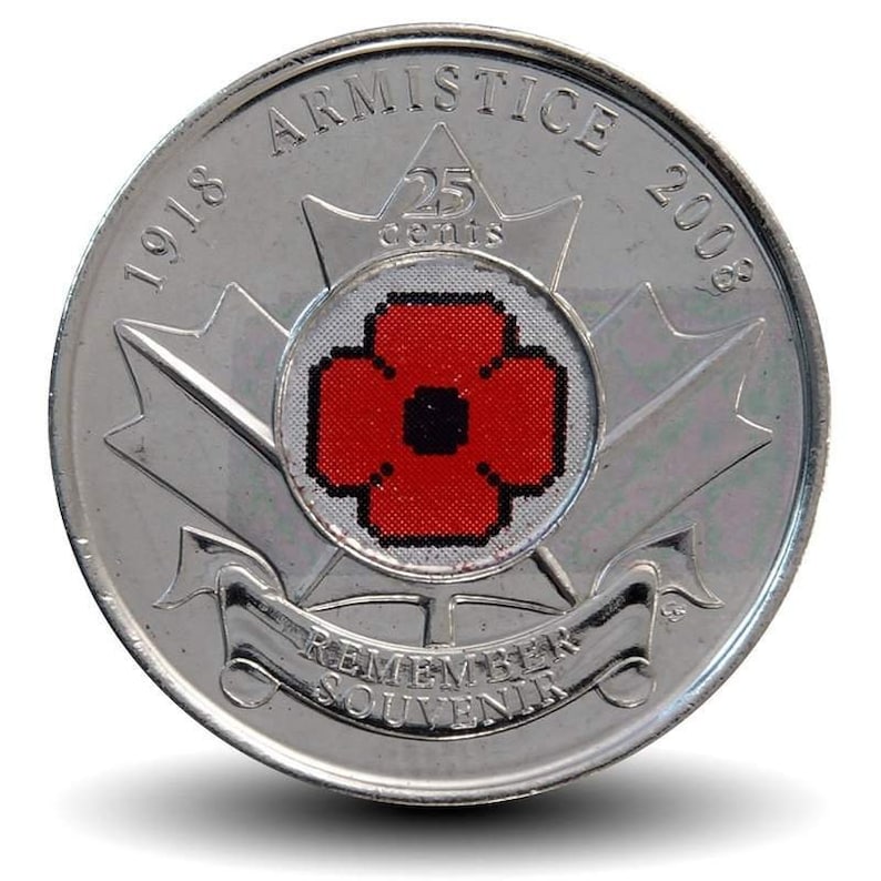 2008 Canadian 25-cent Remembrance Poppy Coloured Quarter Coin Brilliant ...