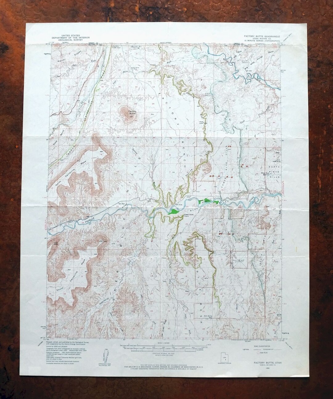 Factory Butte Utah Vintage Original USGS Topo Map 1954 Mount Ellen-blue ...