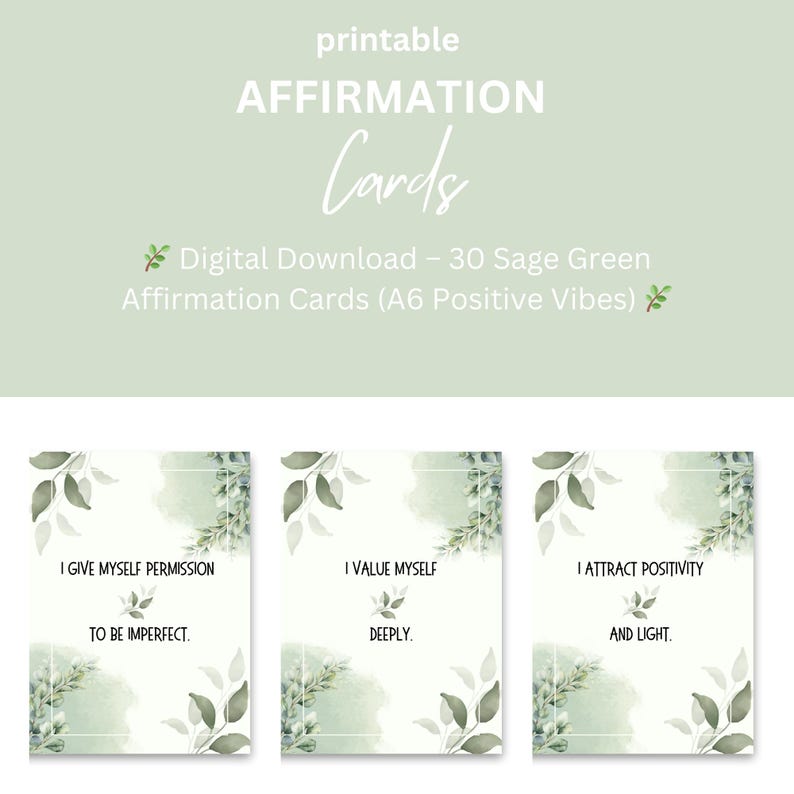 Sage Green Affirmation Cards Digital Download, 30 A6 Printable Positive ...