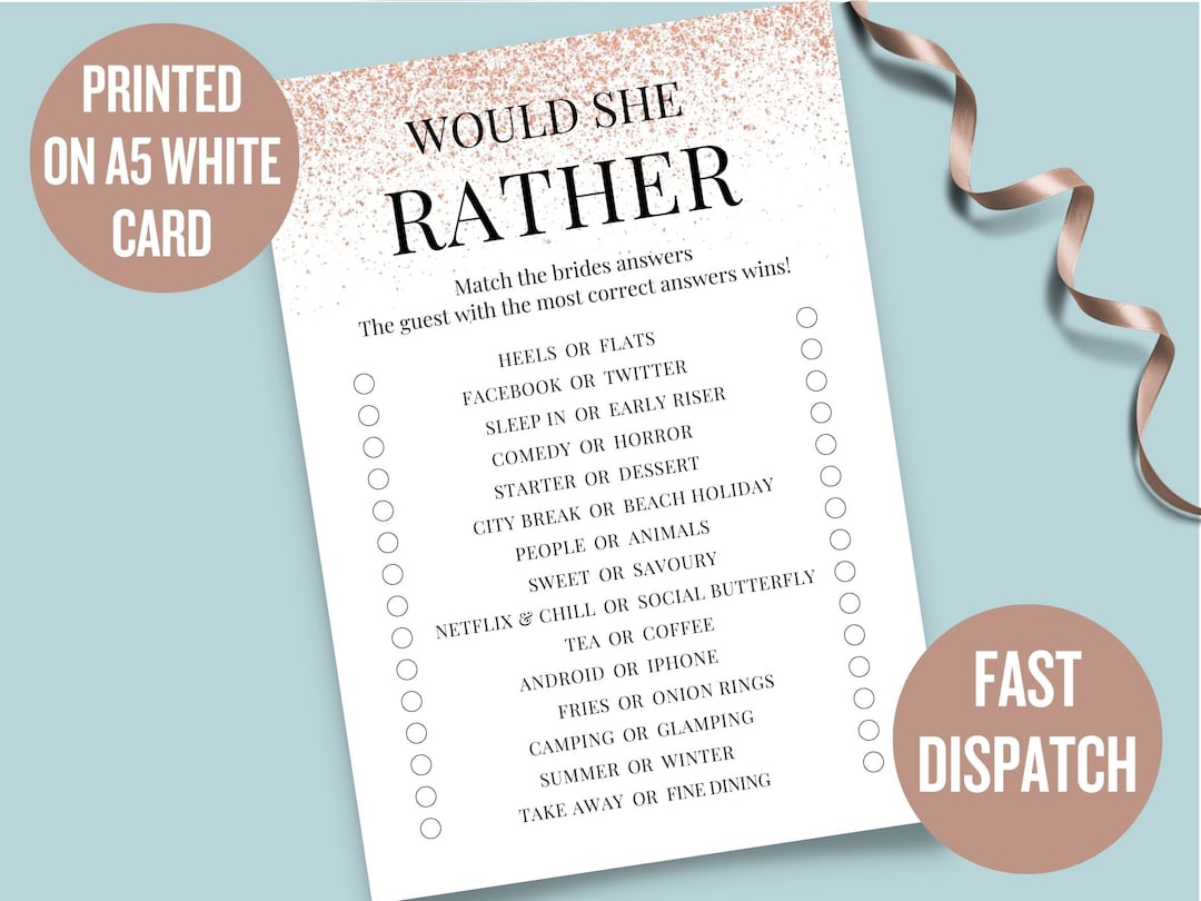 Rose Gold Would She Rather Hen Party Game, Bridal Shower Game, Hen Do ...