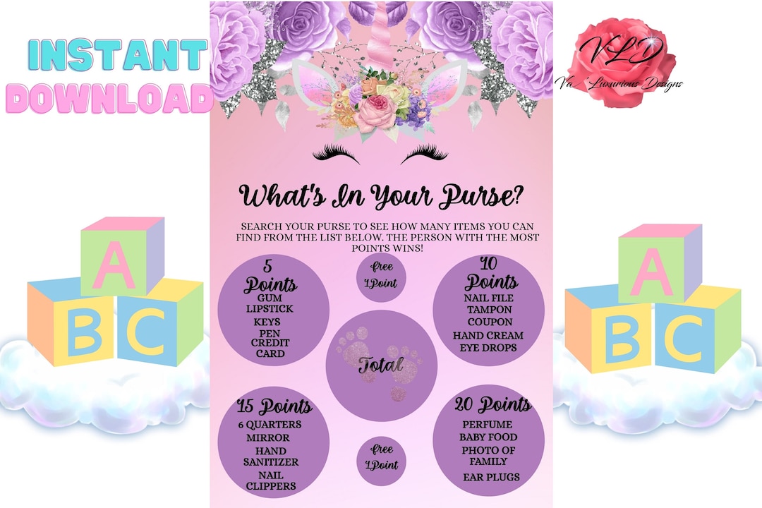 Instant Download 5x7.5 What's in Your Purse Pink Purple Unicorn Girl ...
