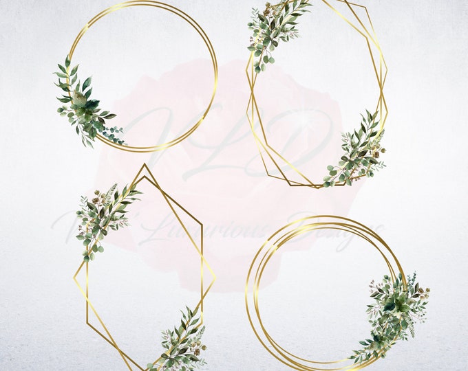 Greenery Gold Foil Geometric Frame Clipart Four Beautiful PNG - Etsy