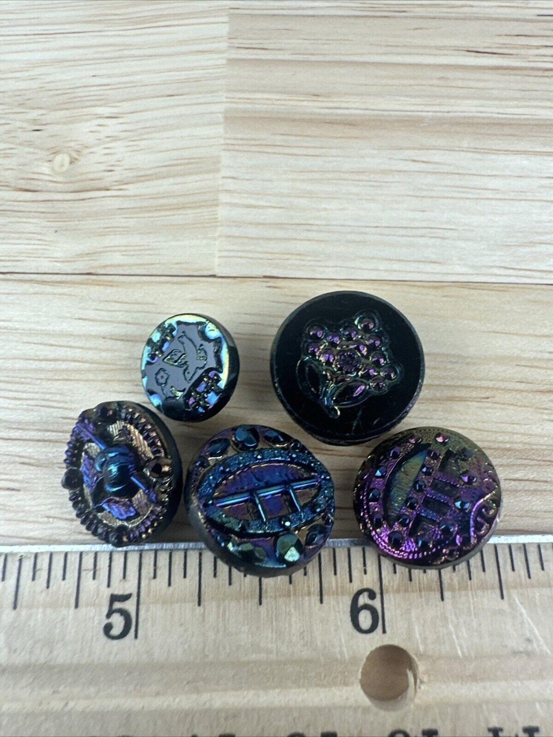 Lot of 5 Vintage Black Glass Carnival Luster Buttons, Flowers/pictures ...