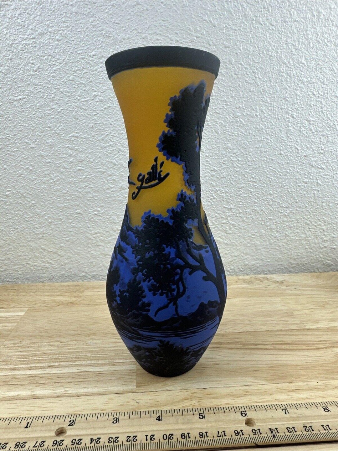 Vintage Emile Galle Reproduction Mountain Scene Blue Cameo Glass Vase ...