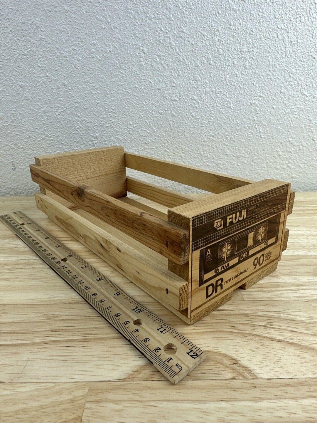 Wood Cassette Tape Holder Wooden Box Holds 12 Fuji Cassette DR 90 Napa ...