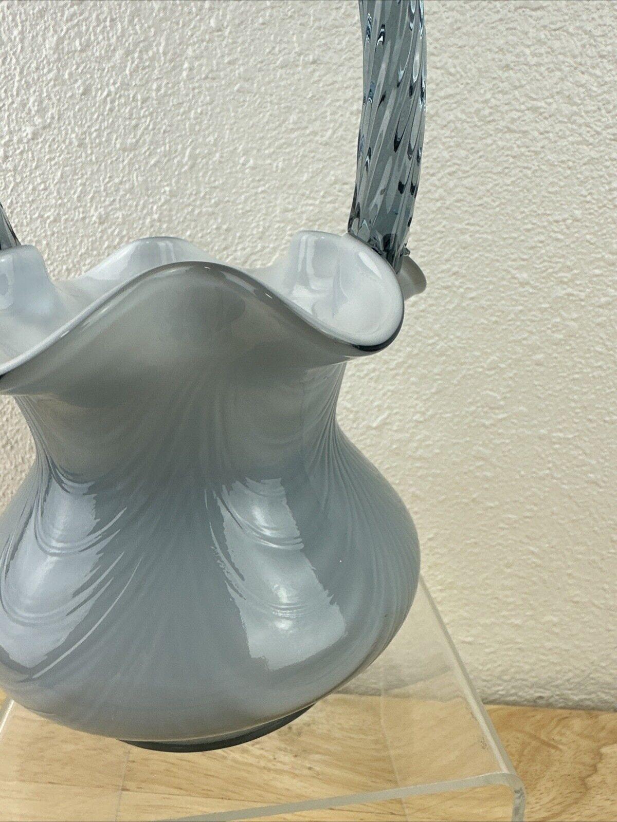 Fenton Blue Gray Cased Glass Overlay Basket Drapery Pattern Twist ...