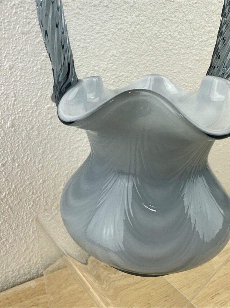 Fenton Blue Gray Cased Glass Overlay Basket Drapery Pattern Twist ...