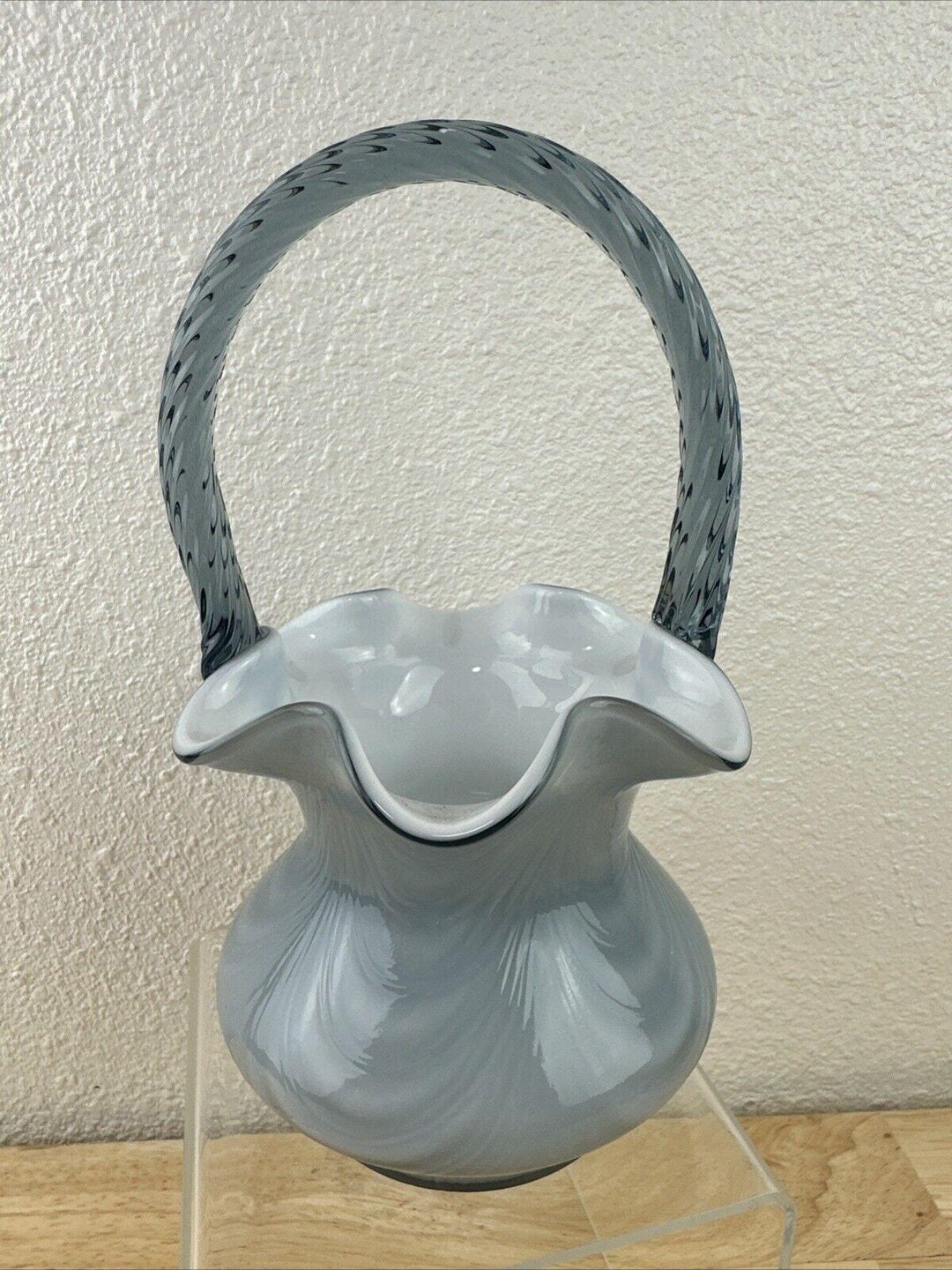 Fenton Blue Gray Cased Glass Overlay Basket Drapery Pattern Twist ...
