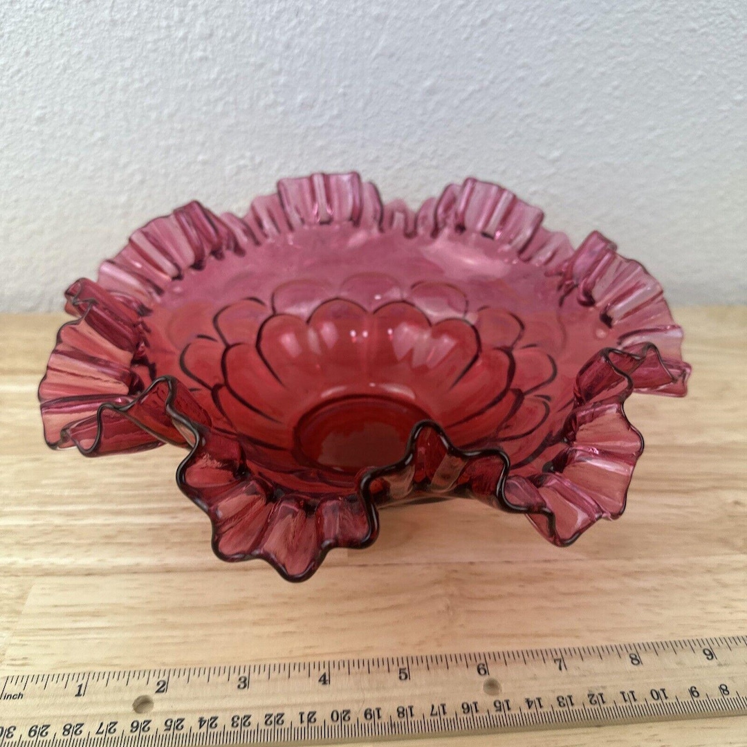 Fenton Cranberry Pink Jacqueline Art Glass Rose Bowl Crimped Candy Dish ...