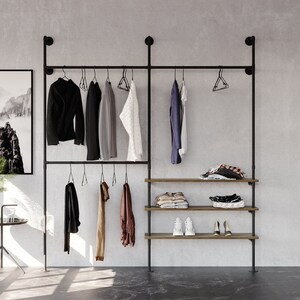 Coat Rack Double for Dressing Room With 3 Shelves Made of Oak Wood ...