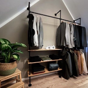 Coat Rack Double for Dressing Room With 3 Shelves Made of Oak Wood ...
