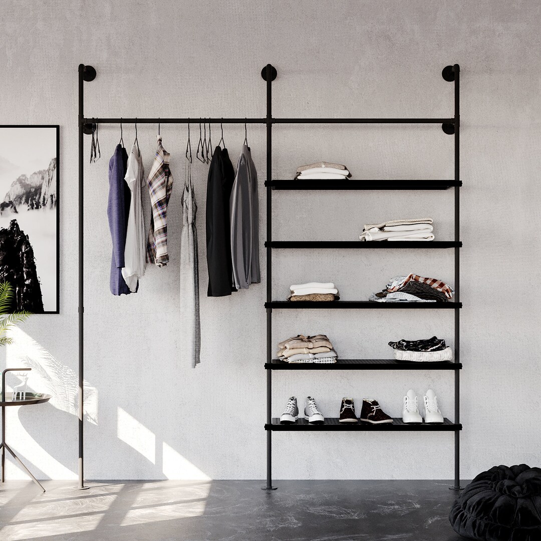 Wall Shelf Metal Black With Clothes Rail and 5 Shelves Shelf With 5 ...
