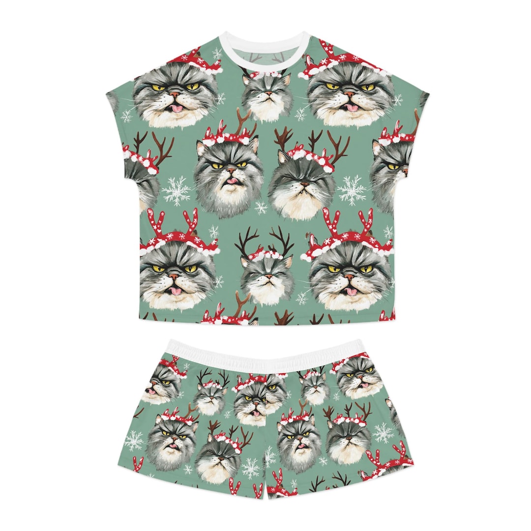 Cozy Cat Pajama Set, Funny Christmas Pajamas, Women's Holiday Sleepwear ...