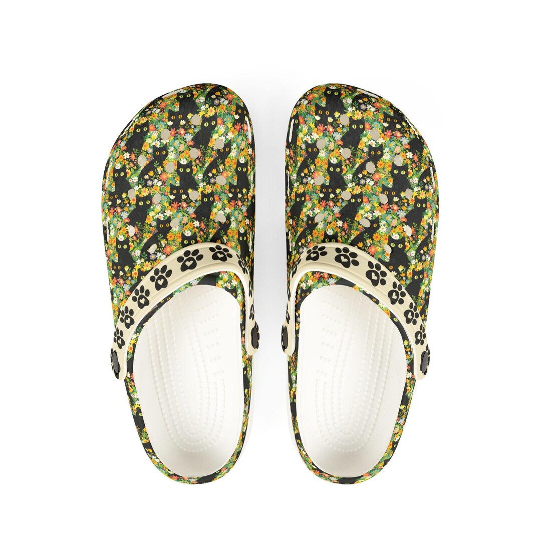 Black Cats Foam Clogs, Flowers and Cats Sandals, Cat Apparel, Cat ...