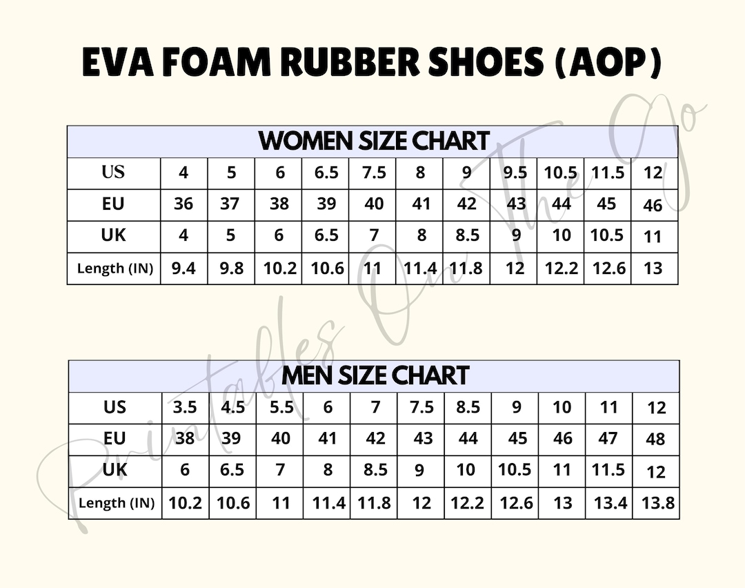 EVA Foam Rubber Shoes AOP Template, Clogs Size Chart, for Etsy Store ...