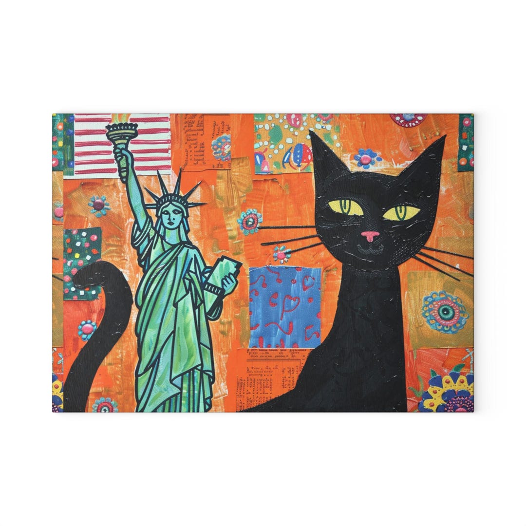 Artistic Cat & Statue of Liberty Glass Cutting Board, Colorful Kitchen ...