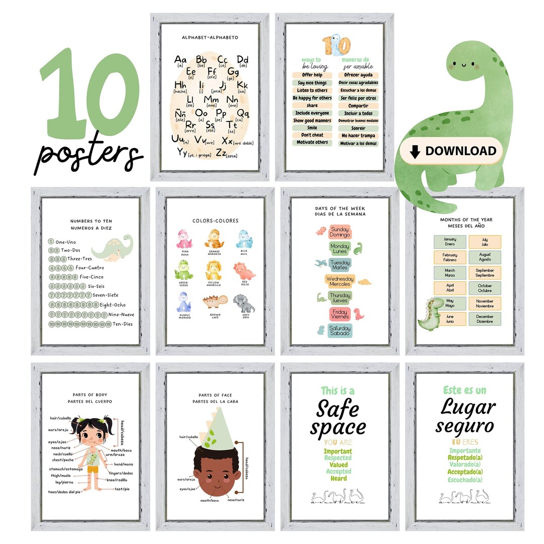 English Spanish Posters for Toddlers, Bilingual Nursery Prints, Spanish ...