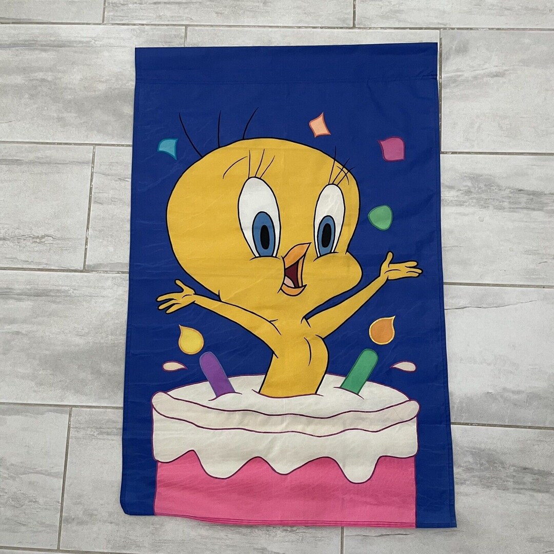 Vtg Looney Tunes Tweety Bird Birthday Cake Yard Garden Flag Banner Blue ...