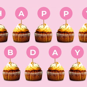 Happy Birthday Cupcake Toppers, Printable, Party, Favors, Digital, Pink ...